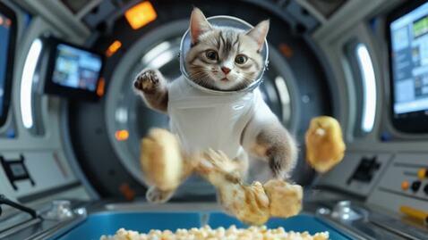 Cosmonaut cat spills popcorn in zero gravity