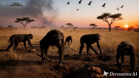 IMAX cinematic sunrise over prehistoric Africa.