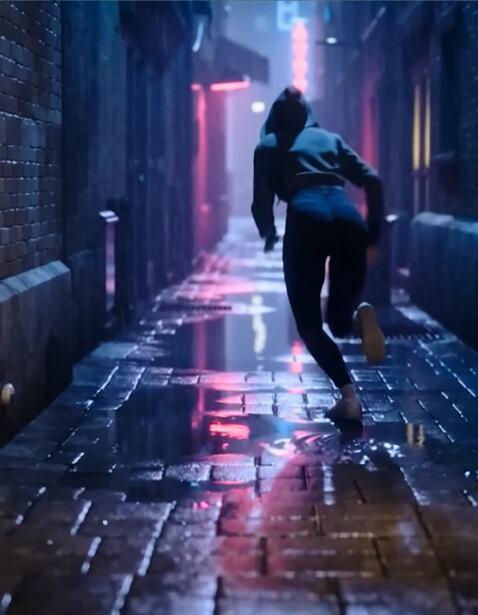 A rainy night in a narrow neon-lit alley. A real