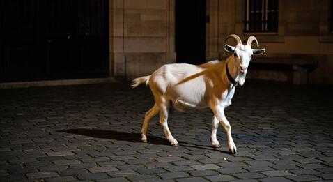 Beautiful goat moving gracefully across cobblest