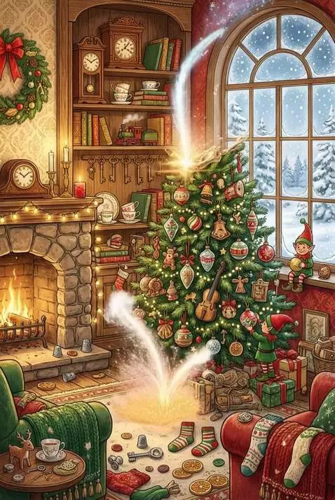 The postcard is flat, with a Christmas tree stan