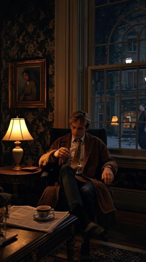 The man gets up, goes to the window and looks ou