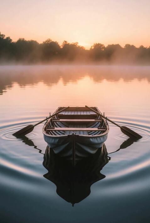 A row boat gently rocks on a fairly calm day, lo