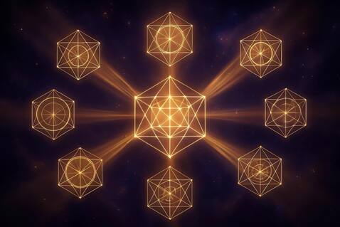 "Wide shot of nine cosmic entities in perfect fo