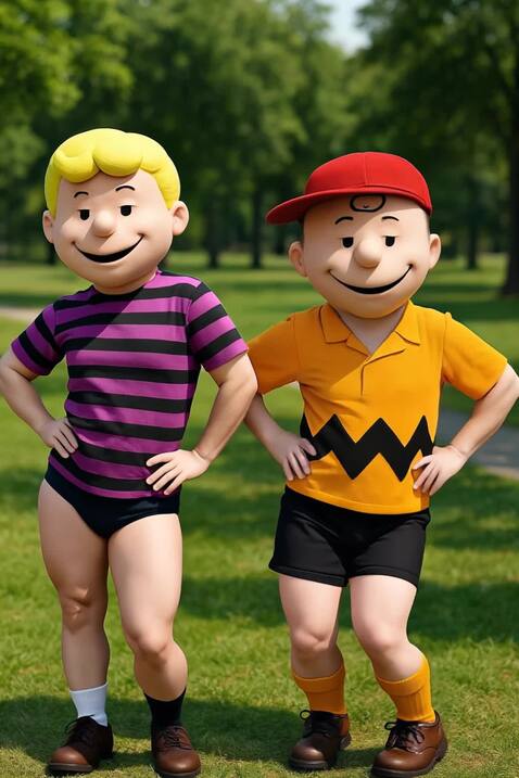 mascot characters, open hands on hips, shaking h