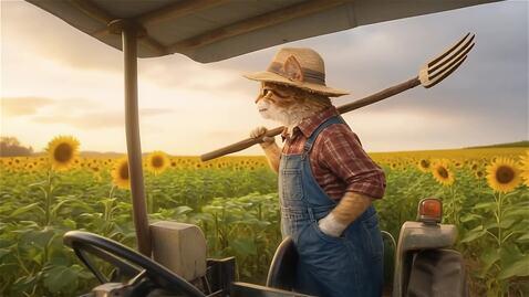 A farmer cat is plowing a field on a tractor.