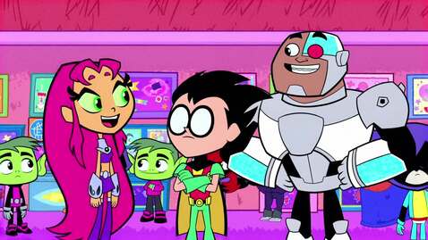 Robin, Cyborg, and Starfire at the game hall. St