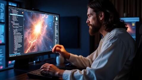 Jesus at a computer typing code to make the crea