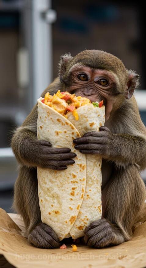 Monkey eating a burrito AI Video from barbtech-creative - HUGE